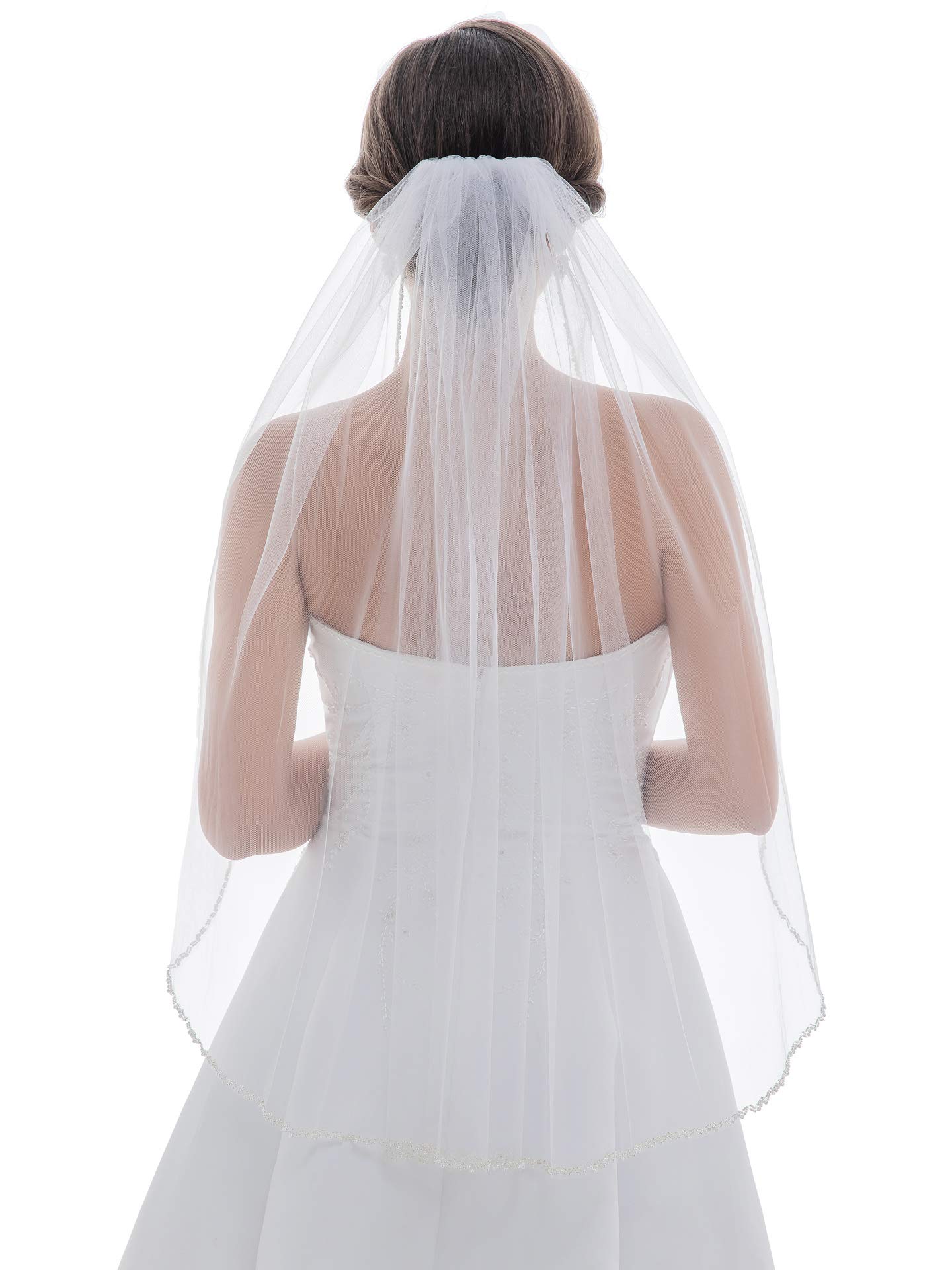 SAMKY 1T 1 Tier Double Row Wavy Pearl Crystal Edge Veil - Light Ivory Fingertip 36" V489