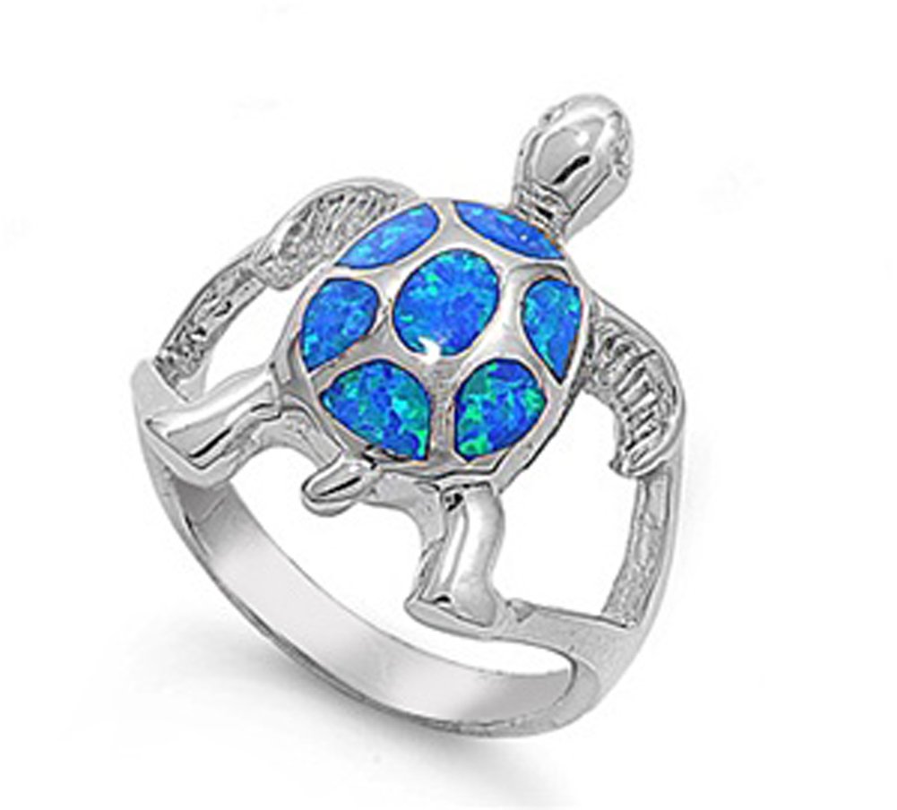 Sterling Silver Women's Blue Fire Turtle Ring Beautiful Band 21mm Size 10