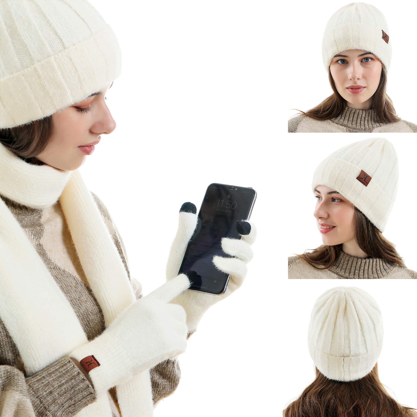Womens Winter Warm Knit Beanie Hat Touchscreen Gloves Long Neck Scarf Set with Fleece Lined Skull Caps Gifts for Women Men White