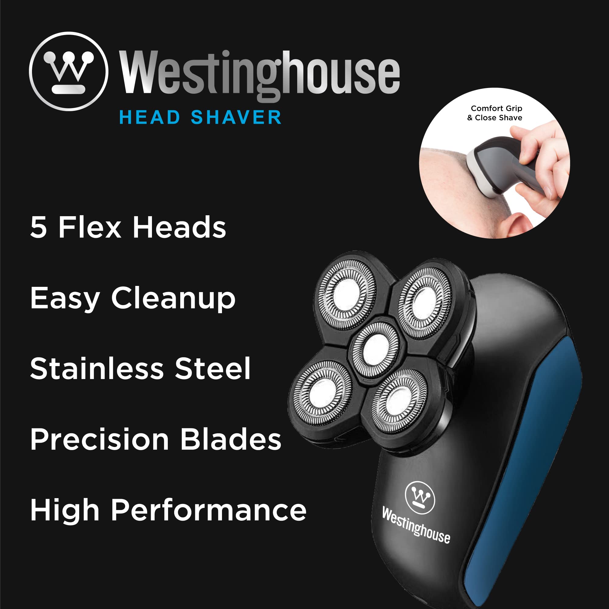 Westinghouse Head Shaver for Bald Men Electric Rechargeable Skull Shavers for Men Cordless Rotary Bald Head Shavers for Men with 5 Powerful Rotating Heads