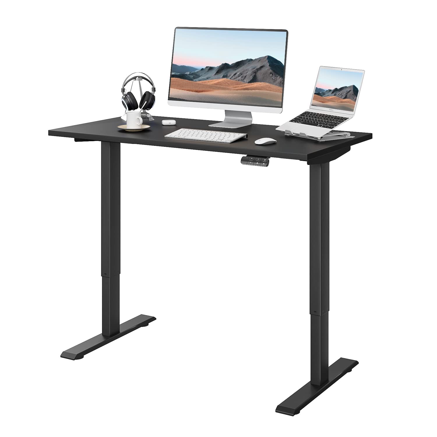 Sit Stand Desk 48 x 24 Inches Dual Motor Standing Desk, Electric Height Adjustable Desk with Whole Piece Desk Board USB Port for Home Office (Grey Walnut Tabletop+Black Frame)