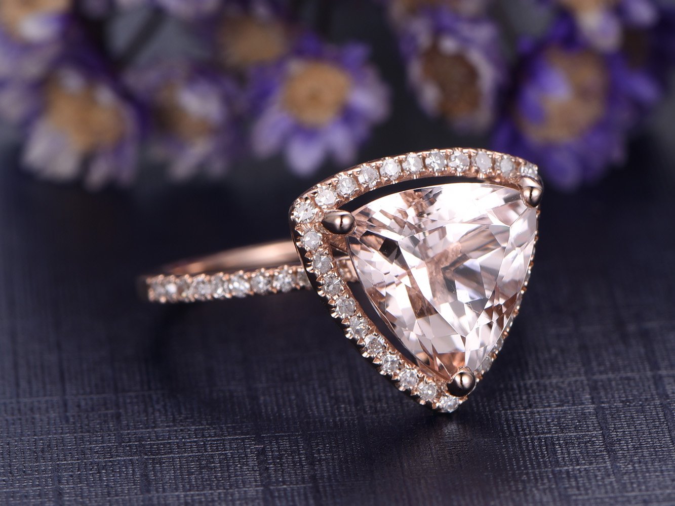 Triangle Morganite Engagement Ring Set,10mm Trillion Stone Halo Diamond 14k Rose Gold Rings Stacking Band