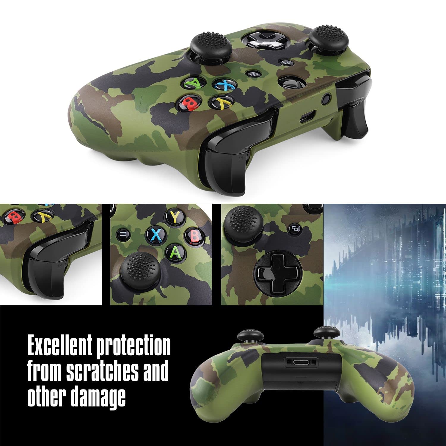 TNP Silicone Skin for Xbox One Controller - Controller Cover for Xbox One S | One X - Anti-Slip Silicone Controller Case Sleeves with 4 Large 4 Small Thumb Grip Caps, Camo Green