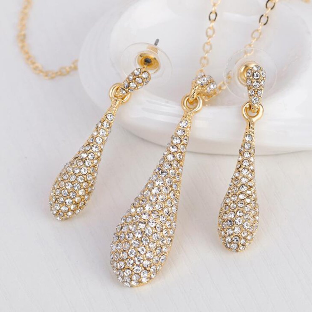 YINLI Gold Full Crystal Rhinestone Gem Tear Drop Pendant Necklace Earrings Jewelry Sets (Style01)
