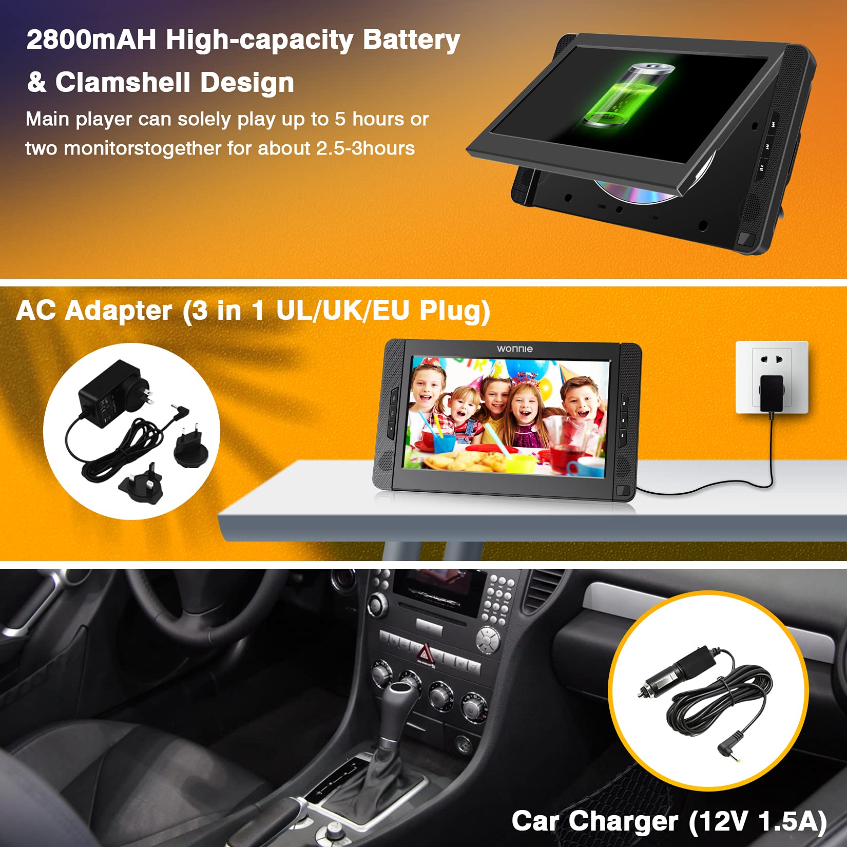 Wonnie 10.5inch Dual Portable DVD Player for Car, Headrest Kids CD Players with Two Headphones Built-in 5 Hours Rechargeable Battery, Support USB/SD/MMC,Regions Free,AV Out & in ( 1 Player+1 Monitor )