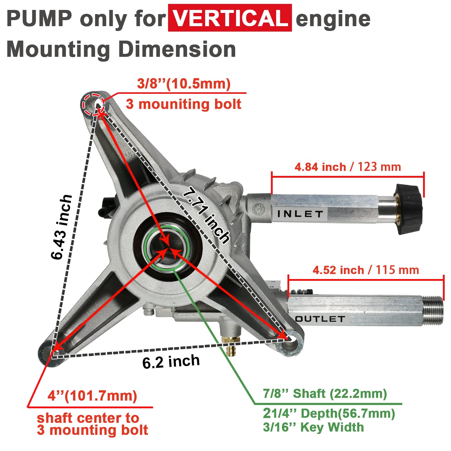 YAMATIC 7/8" Shaft Vertical Pressure Washer Pump, 2600-3000 PSI @2.3 GPM OEM & Replacement Pump for Power Washer, Replacement with Troybilt, Briggs&Stratton, Craftsman, AR, Honda Front Inlet/Outlet