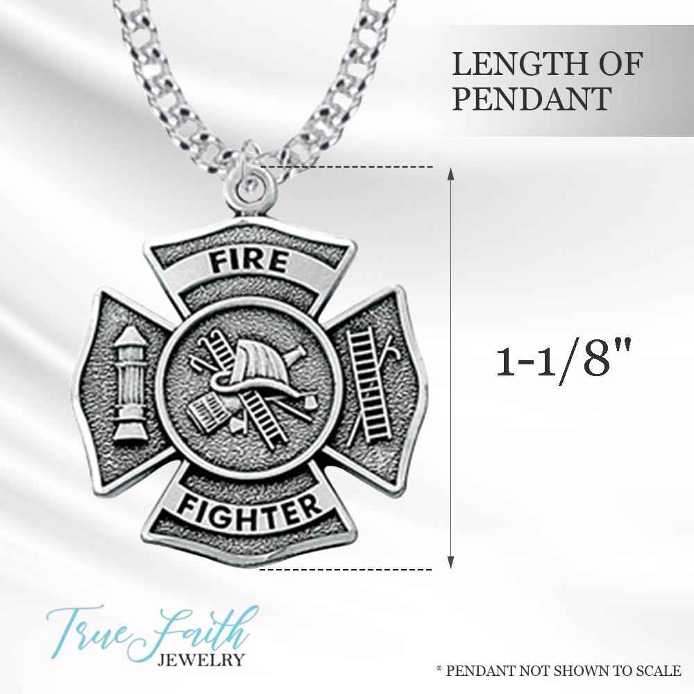 TrueFaithJewelry Sterling Silver Fire-Fighter Shield Medal Cross Pendant Necklace, 1 Inch