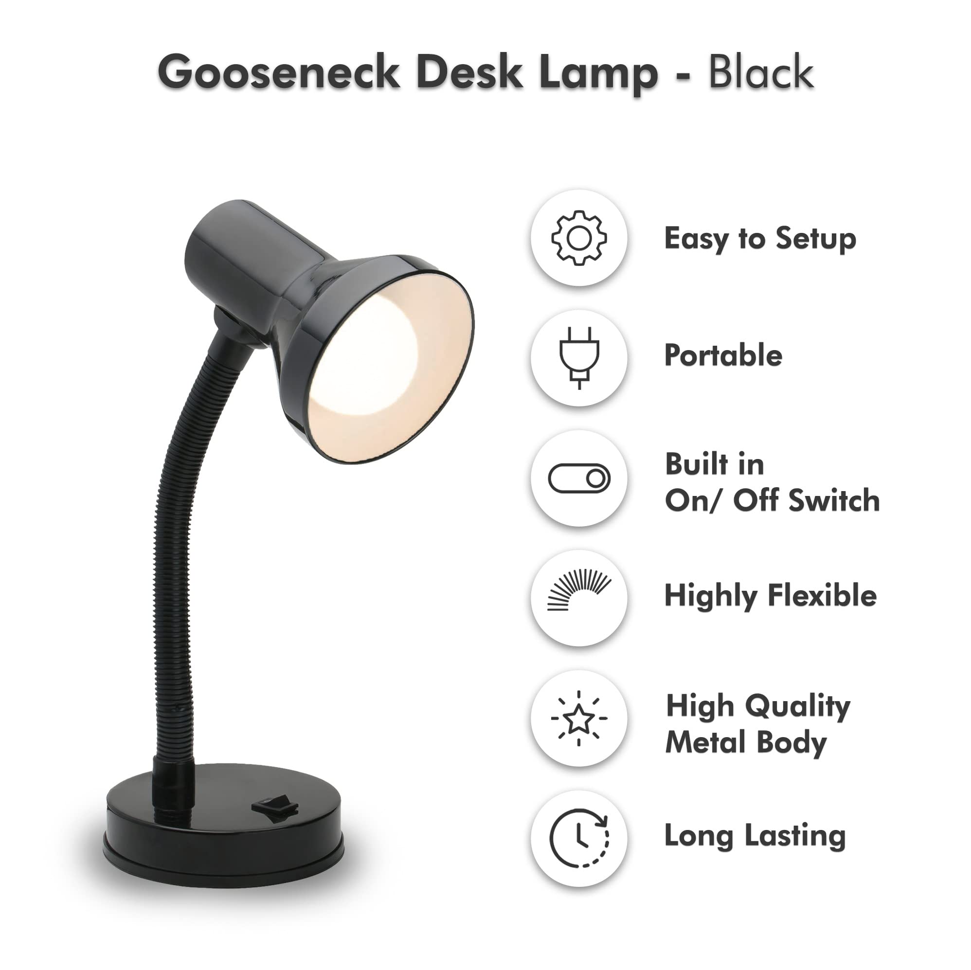 Xtricity Gooseneck Desk Lamps with Adjustable Gooseneck Arm, Metal Desk Lamp with 7W A19 LED Bulb, 120 Volt, Convenient On/Off Switch, 14" Inch Tall (36cm), Black Finish