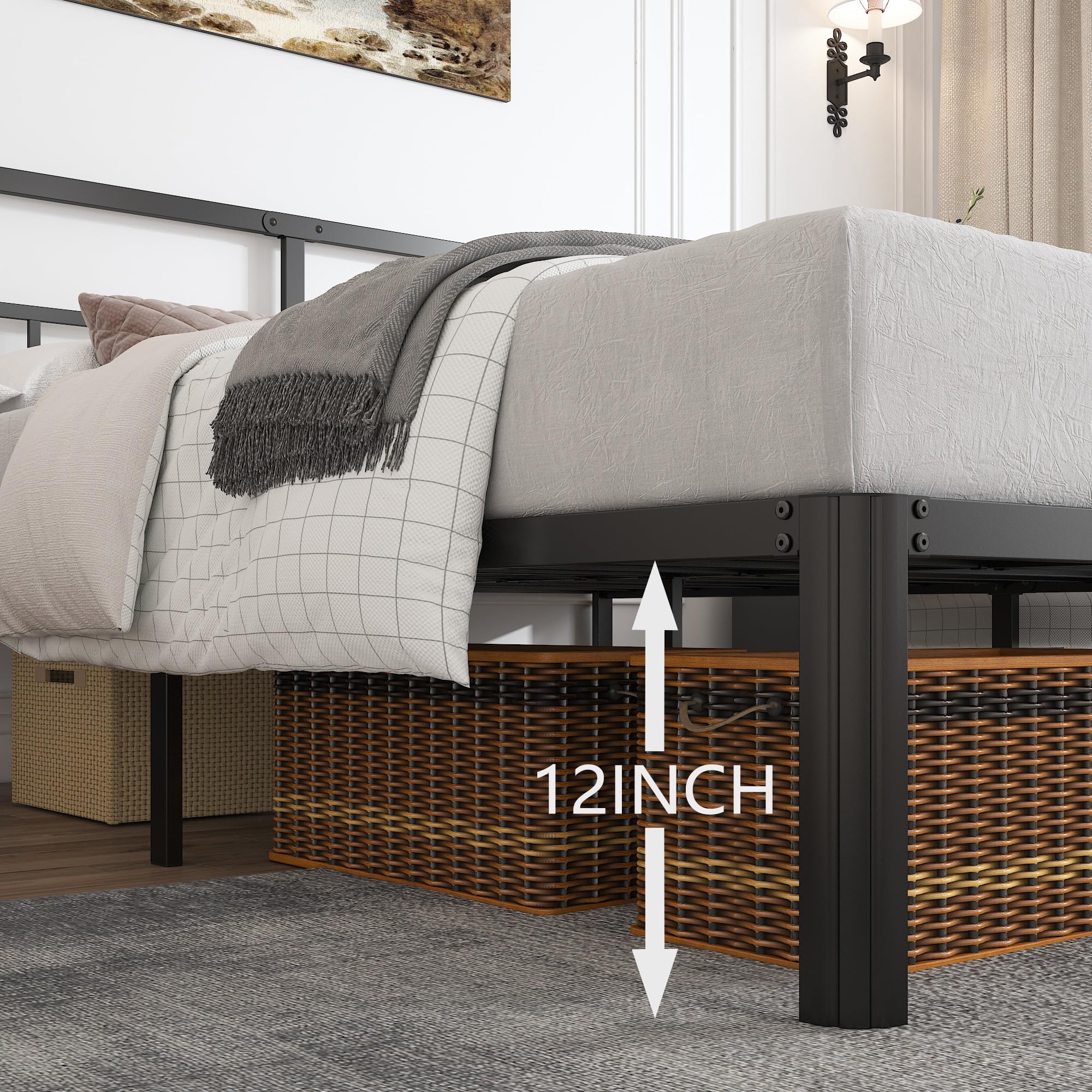 Riwanca 14 Inch Full Size Bed Frame with Headboard, No Box Spring Needed, Heavy Duty Black Metal Platform Mattress Foundation with Rounded Corners, Non-Slip Noise Free, Under Bed Storage Space