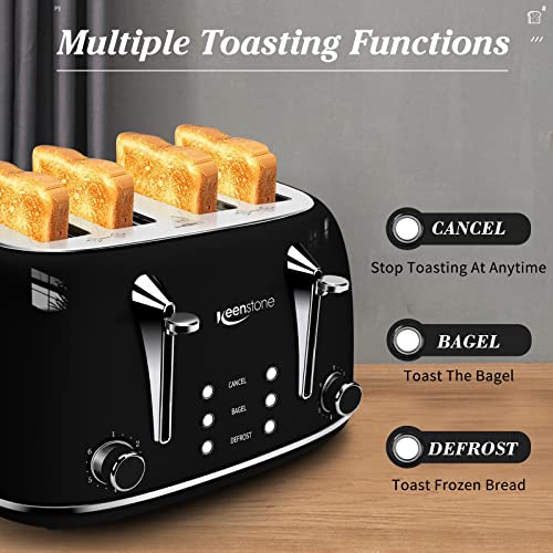 Toaster 4 Slice Stainless Steel Toaster with Bagel, Cancel, Defrost Function, Keenstone 4 Slice Toaster with Removable Crumb Tray, 4 Extra Wide Slots, 6 Shade Settings, Black