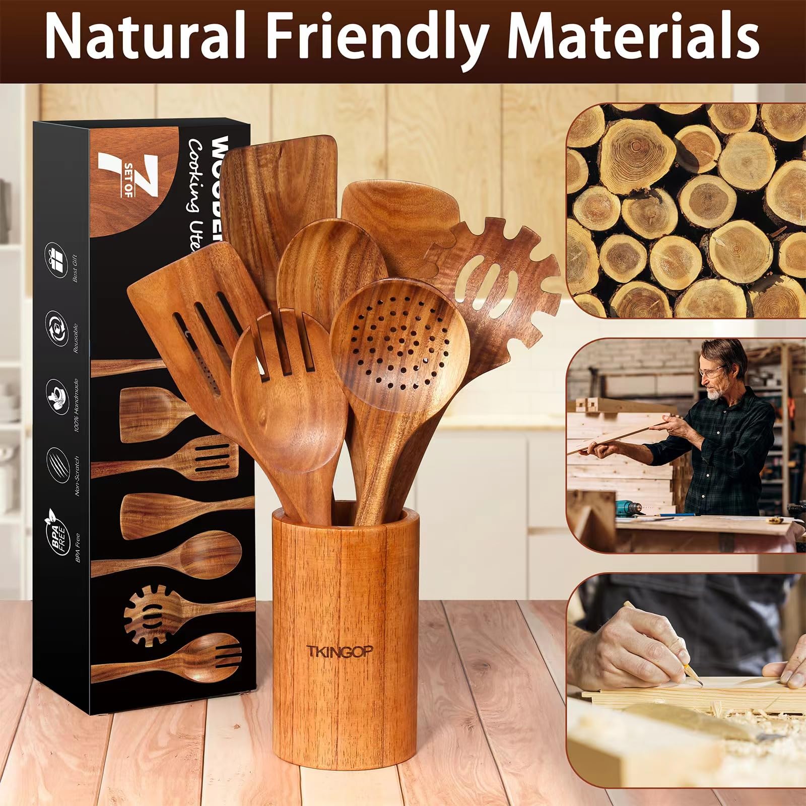 TKINGOP 9PCS Wooden Spoons for Cooking Handmade Natural Teak Wooden Utensils for Cooking with Holder & Spoon Rest Comfortable Grip Kitchen Utensils Set