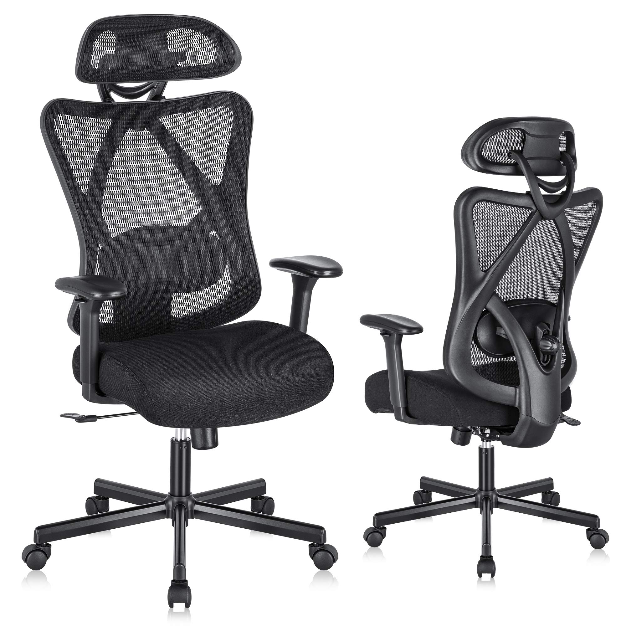 SUNNOW Ergonomic Office Chair, Mesh Computer Chair with Adjustable Lumbar Support & Thick Seat Cushion, Adjustable Headrest & Armrest, 135°Reclining, Swivel Executive Task Chair for Office, Work