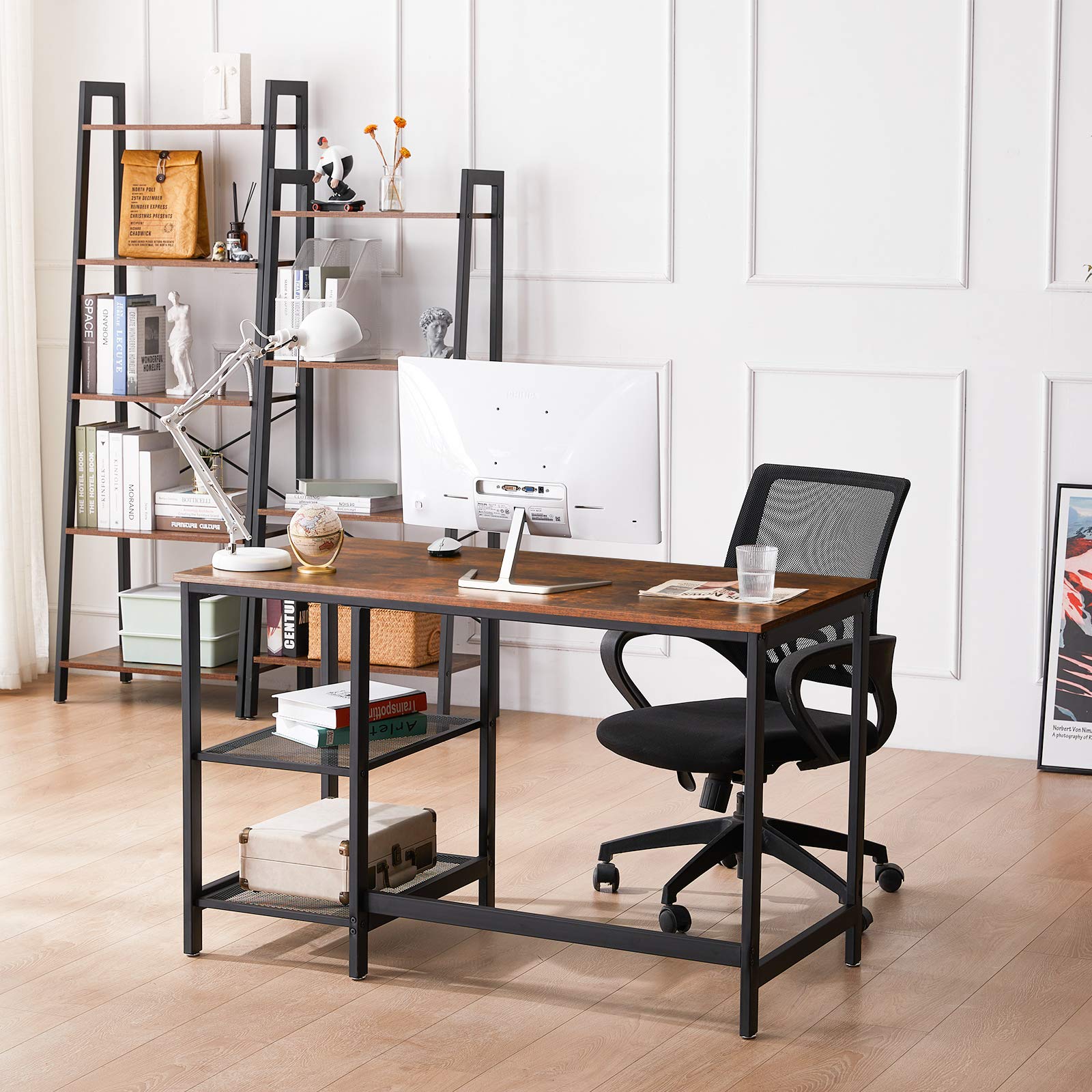YMYNY Industrial Computer Desk, 47 Inch Large Study Writing Table with 2 Storage Shelves, Home Office PC Laptop Notebook Desk with Bookshelf, Easy Assembly, Rustic Brown UHTMJ33MH
