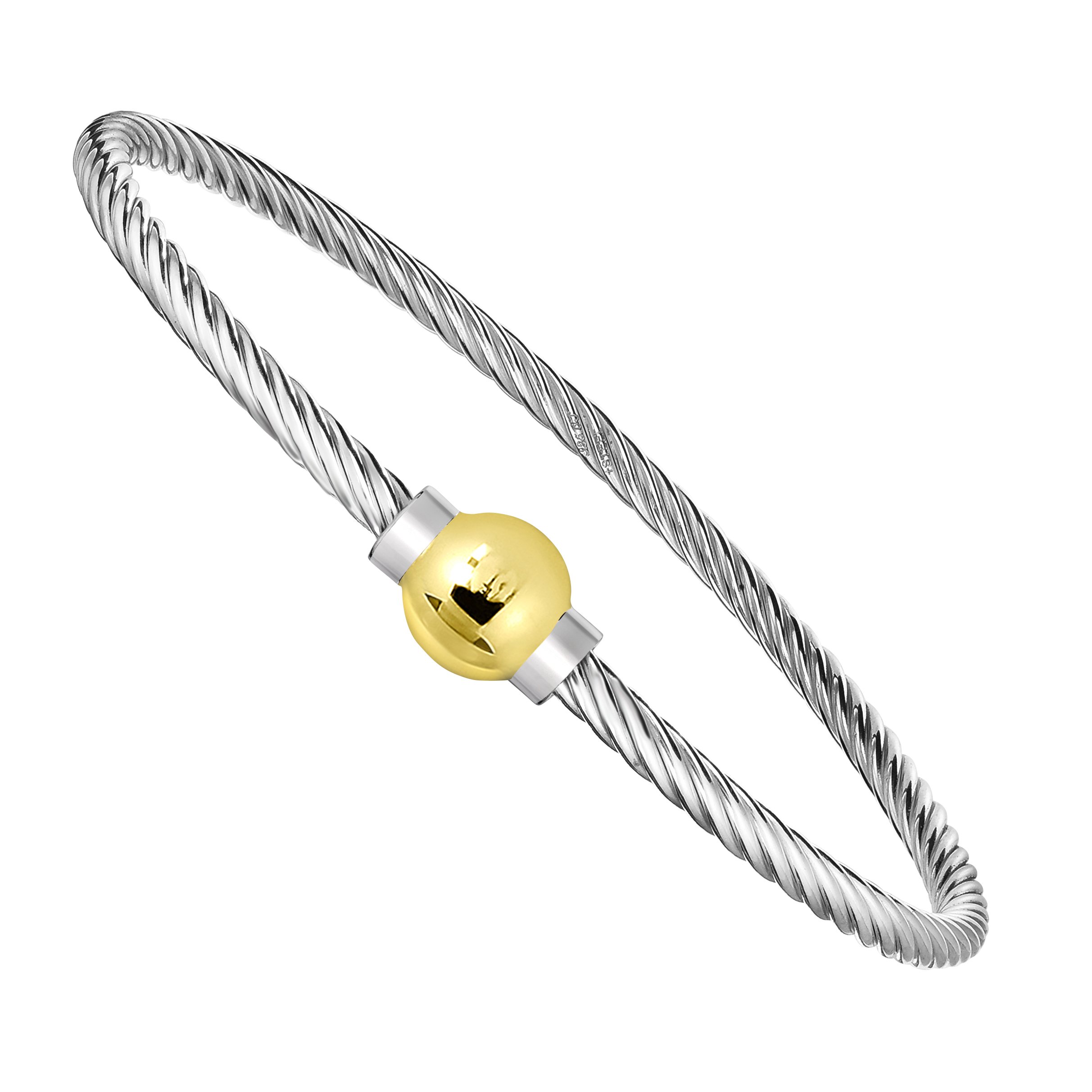 Unique Royal Jewelry 925 Sterling Silver and 14K solid Gold Ball Screw Twisted Bangle Bracelet. (8)