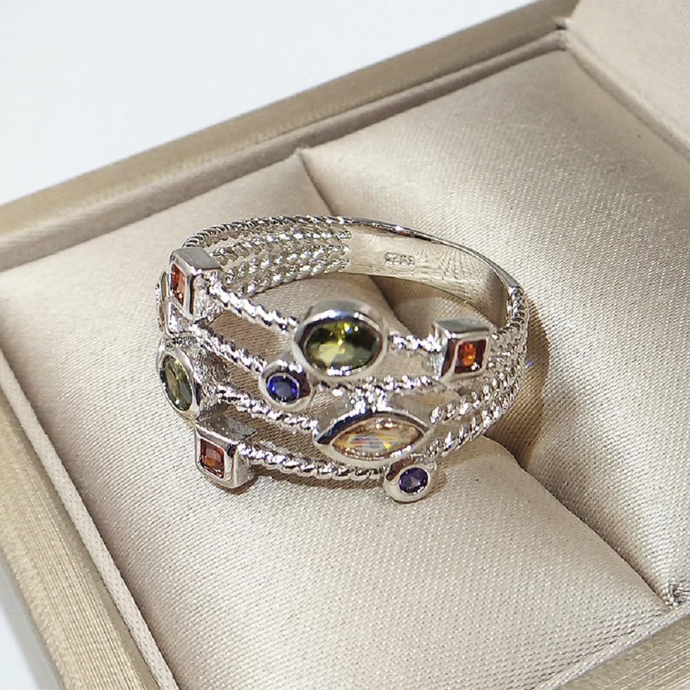 ZJQZBSS 925 Sterling Silver Shiny Full Diamond Cross Ring Colorful Geometric Gem Ring Cubic Zirconia Ring CZ Diamond Multi-Row Ring Eternal Engagement Wedding Ring Women's Jewelry Gift (Size 10)