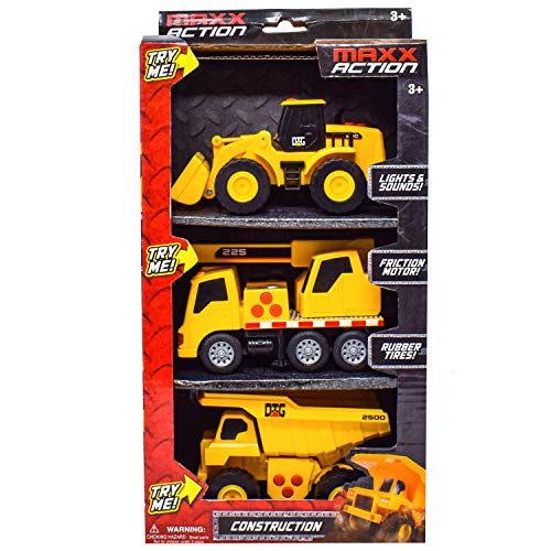 Sunny Days Entertainment Mini Construction Vehicles 3 Pack β Lights and Sounds Pull Back Toy Vehicle | Includes Dump Truck Front End Loader and Crane Truck β Maxx Action