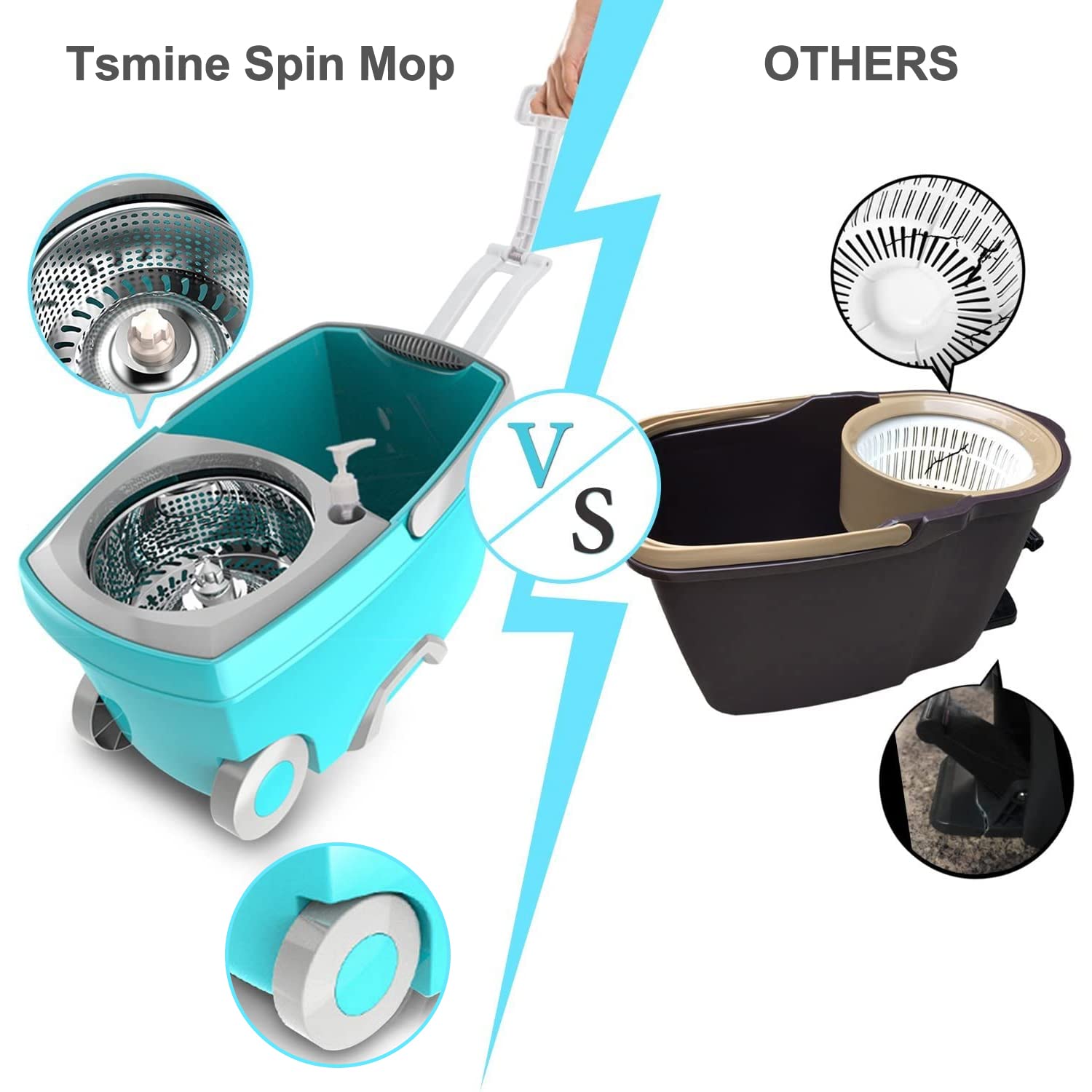 Tsmine Spin Mop Bucket System Stainless Steel Deluxe 360 Spinning Mop Bucket Floor Cleaning System with 6 Microfiber Replacement Head Refills,61" Extended Handle, 2X Wheel for Home Cleaning - MINT