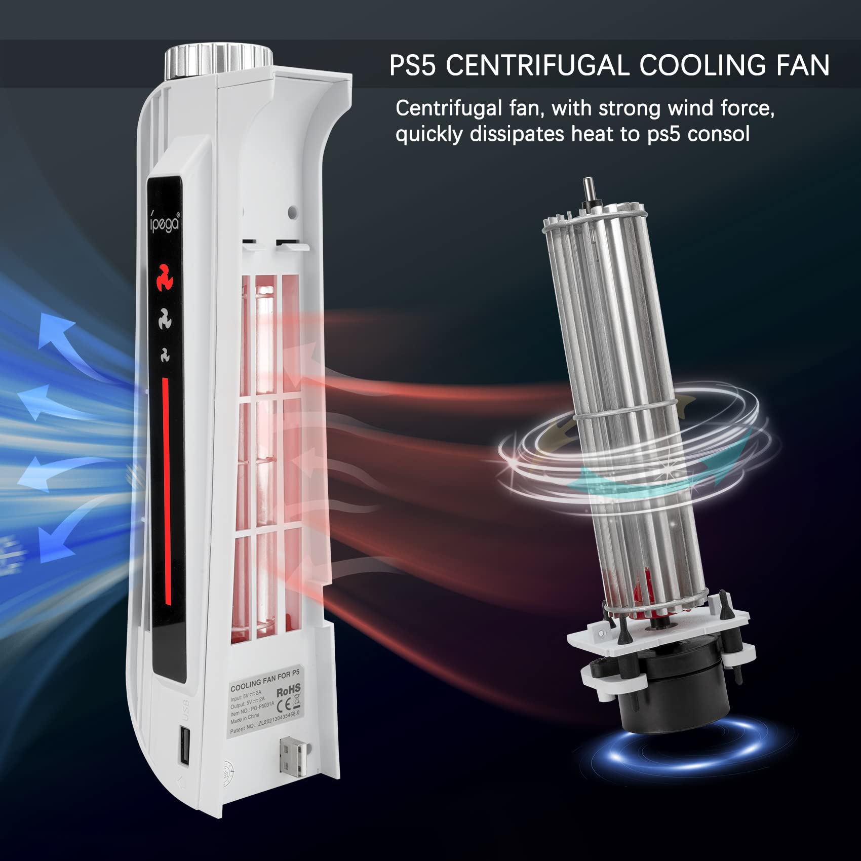 Sedicoca Cooling Fan for PS5 Disc & Digital Edition - Upgraded Centrifugal Fan with USB Port, 3-Speed Adjustable with LED Indicator （White）