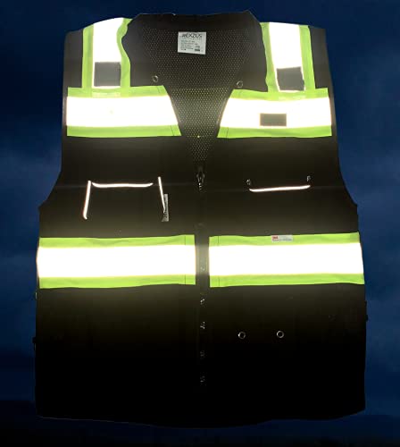 Vero1992 (C) Vest Mens Class 2 Black Series Safety Vest With Zipper and Utility Pockets Premium Black Series Surveyors Vest (L, Black)