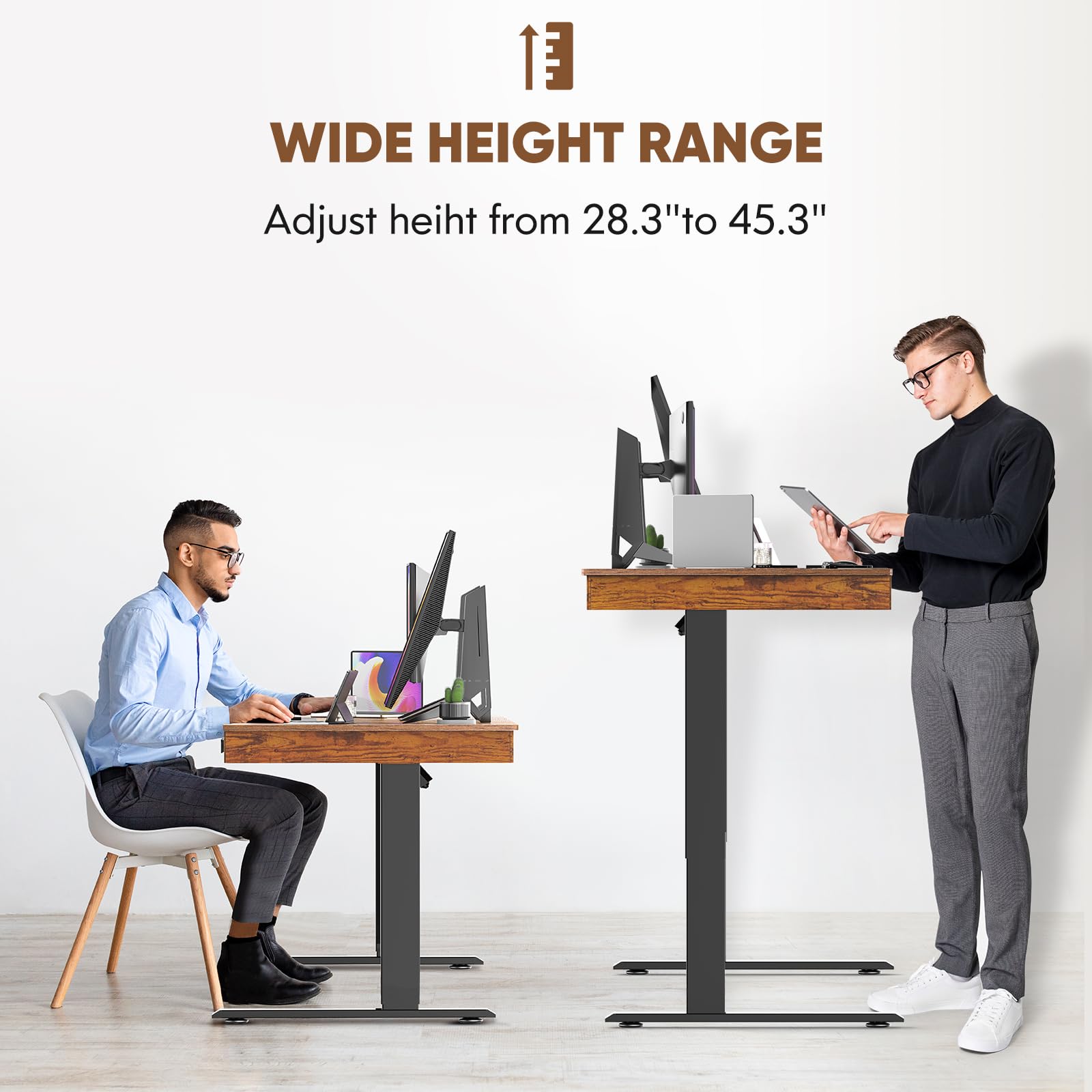 sitteeze Electric Standing Desk Adjustable Height with Drawer,48 x 24 Inches Sit Stand Up Desk Whole-Piece Desktop, Memory Computer Home Office Desk (Rustic Brown)