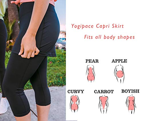 Yogipace Women's UV Protective Capri Leggings with Skirt, Running Skirted Capri, Active Skort with Golf Tennis Ball Pockets, Black, XS