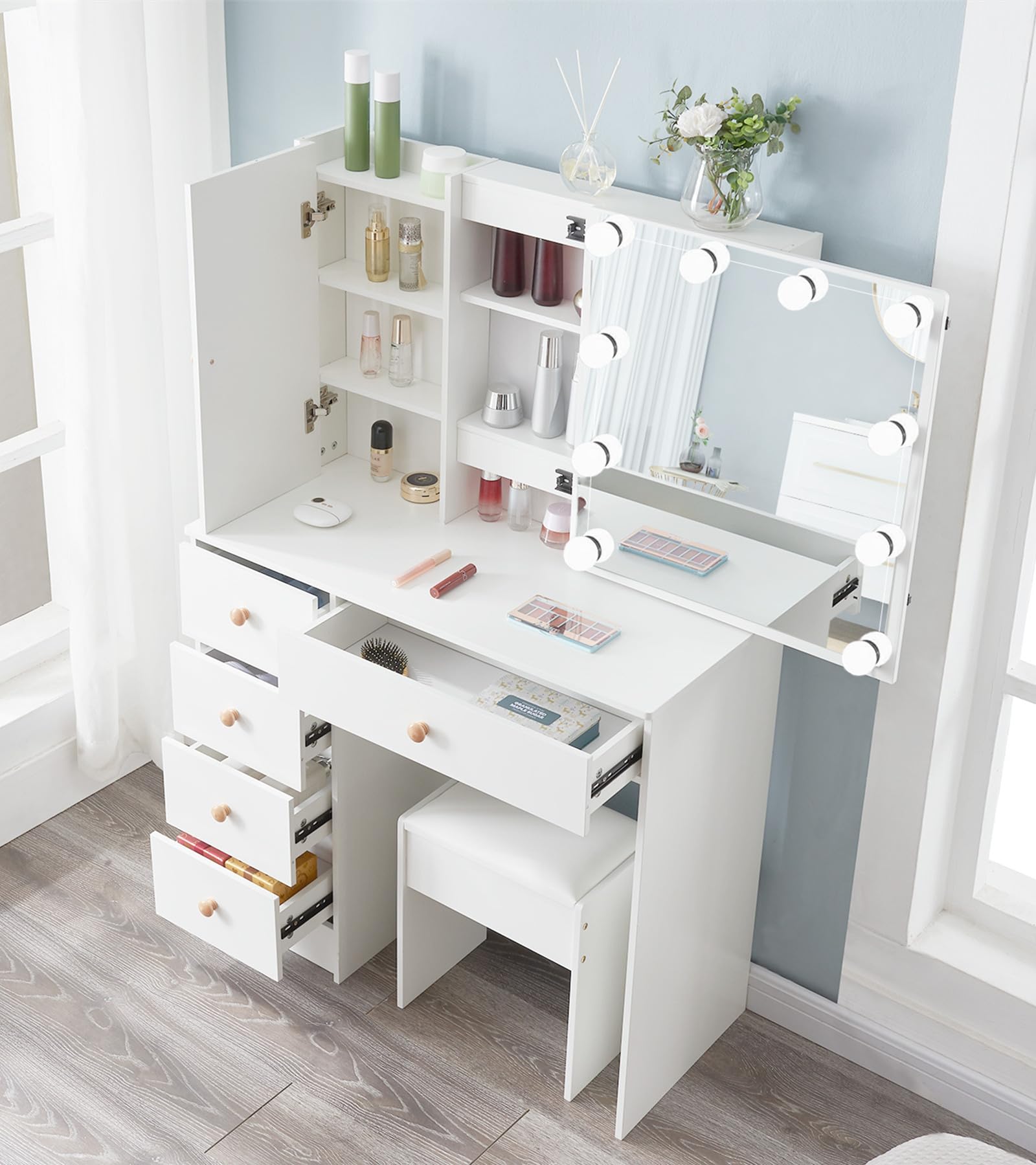 TOJUMP White Makeup Vanity with Lighted Mirror, Vanity Table with Storage Drawer, Dressing Table with Cushioned Stool and for Bedroom, Makeup Room (Modern D2)