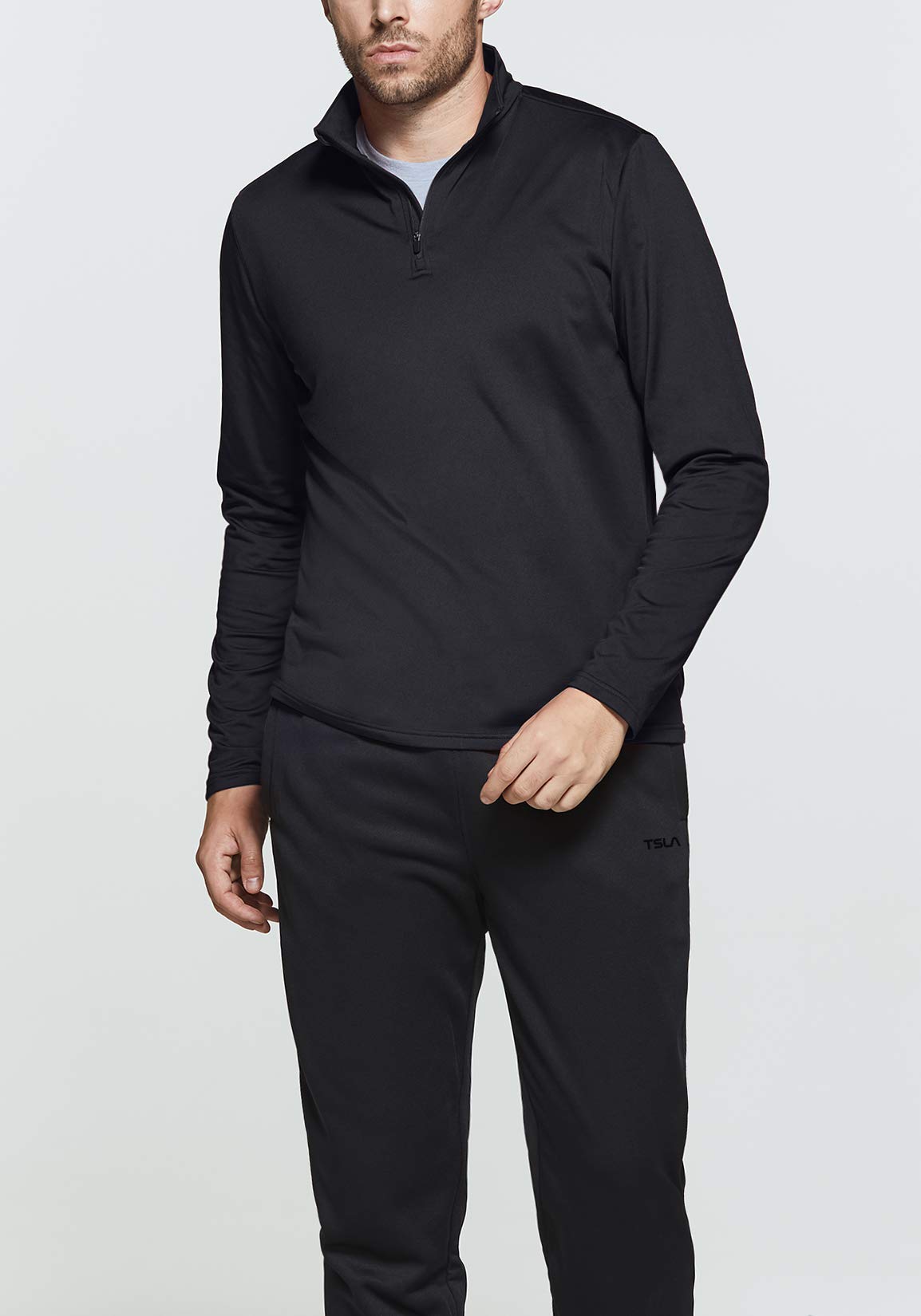 TSLA Men's Quarter Zip Thermal Pullover Shirts, Winter Fleece Lined Lightweight Running Sweatshirt, Fleece 1/4 Zip Sweatshirt Black, Medium