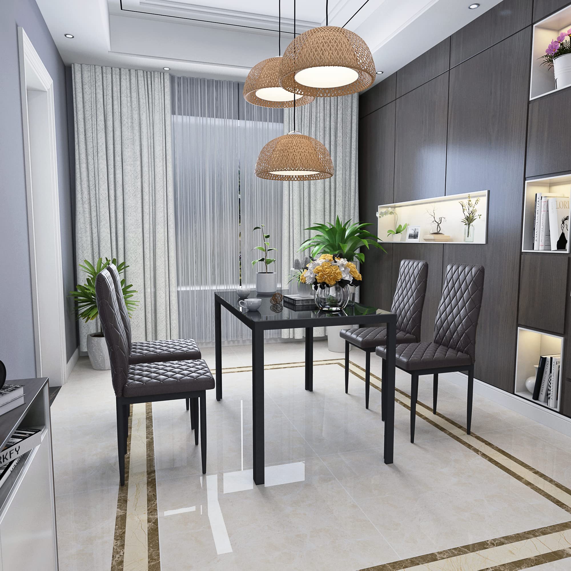 Tiokop 5 Pieces Set for 4, Kitchen Room Tempered Glass Dining Table, 4 Faux Leather Chairs, Black