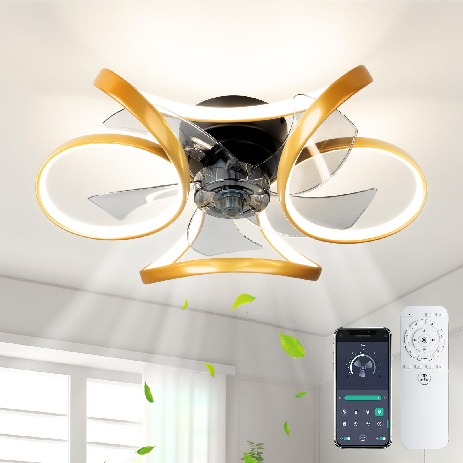 VIOAOEAFA Ceiling Fans with Lights and Remote, Dimmable Low Profile Ceiling Fan, Flush Mount Bladeless Ceiling Fan, Stepless Color Temperature Change and 6 Speeds