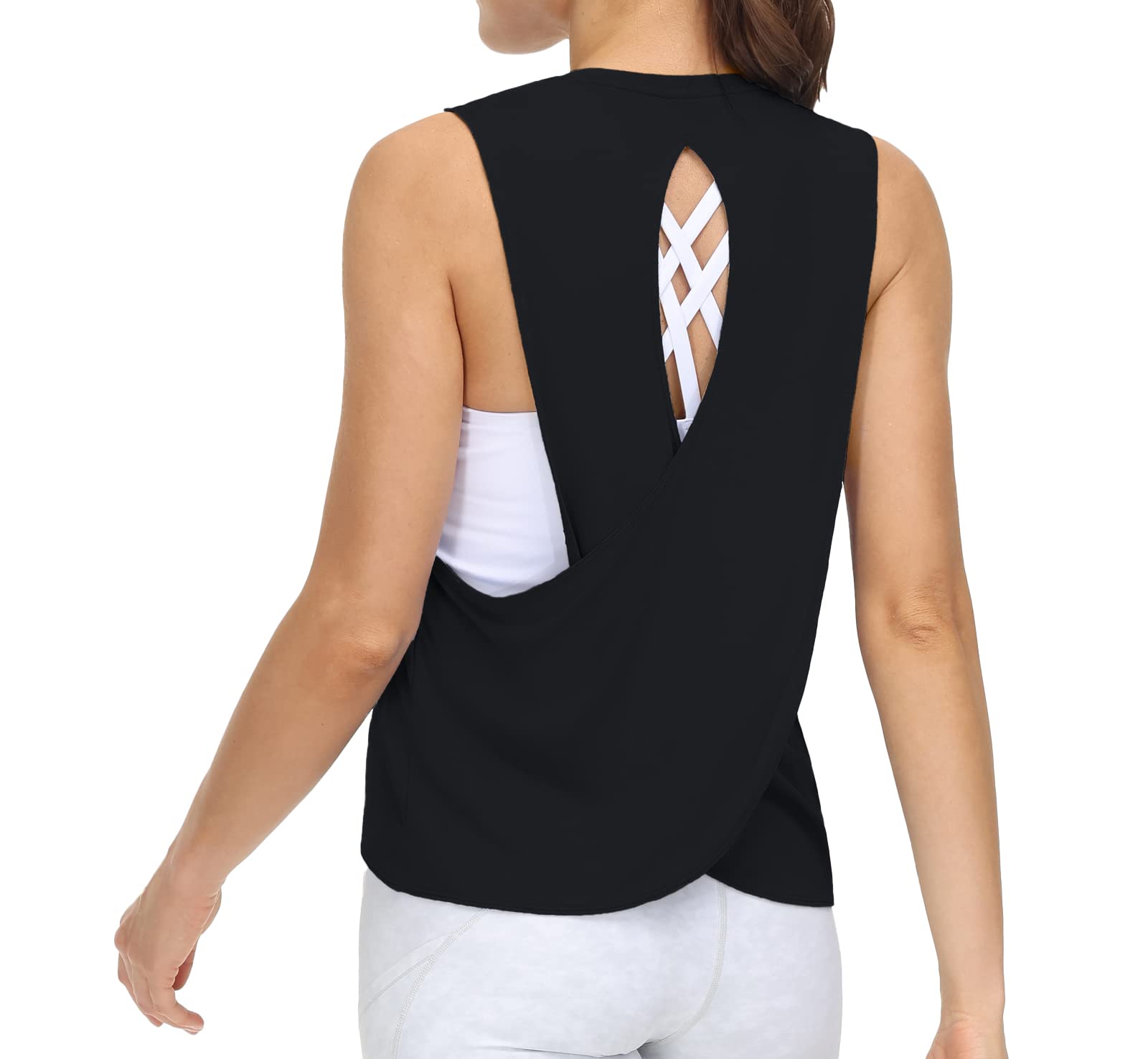 THE GYM PEOPLE Women's Open Cross Back Workout Tank Tops Loose Fit Sleeveless Yoga Running Shirts Black