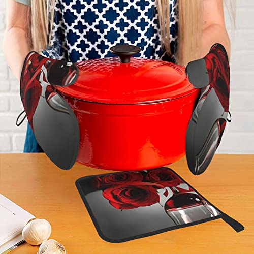 YILEQUAN Red Rose Wine Glass and Candle Print Oven Mitts Pot Holders Sets,Kitchen Glove High Heat Resistant 500 Degree Potholder,Surface Safe for Baking, Cooking, BBQ,Pack of 3