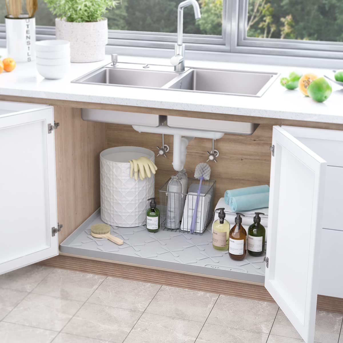 SIKADEER Under Sink Mat for Kitchen Waterproof, 34" x 22" Silicone Under Sink Liner, Up to 3.3 Gallons Liquid, Kitchen Bathroom Cabinet Mat-Fits 36'' Stand Cabinets