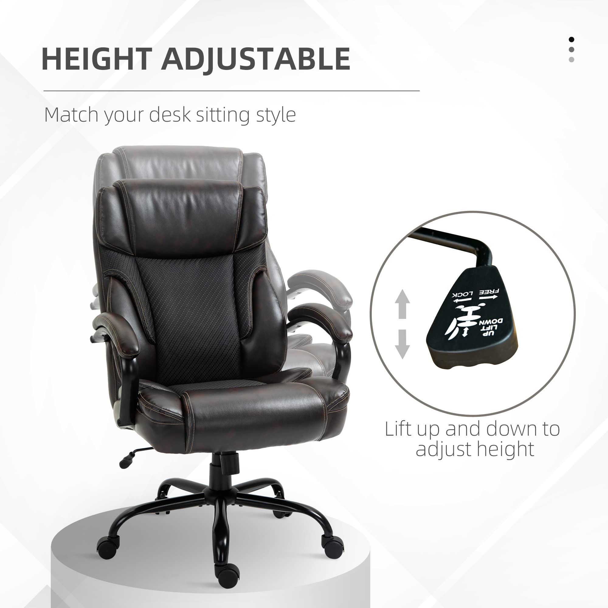 Vinsetto 484LBS Big and Tall Ergonomic Executive Office Chair with Wide Seat, High Back Adjustable Computer Task Chair Swivel PU Leather, Brown