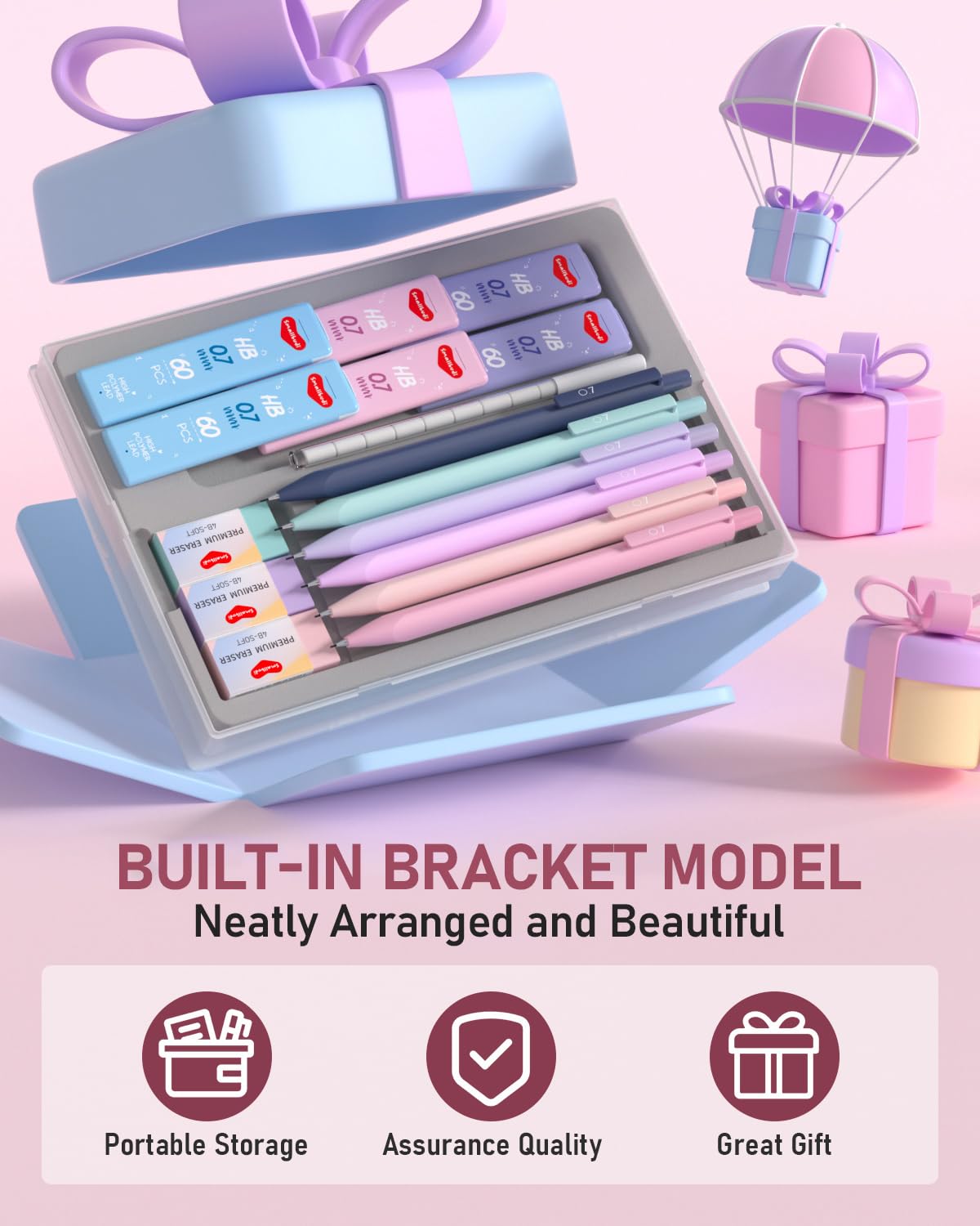 Smallbudi 6PCS 0.7 mm Mechanical Pencils Set with Case, Cute Pastel Mechanical Pencil with 360PCS HB Lead Refills, 3 Eraser, Aesthetic School Supplies Pencils for Drafting Writing Drawing Sketching