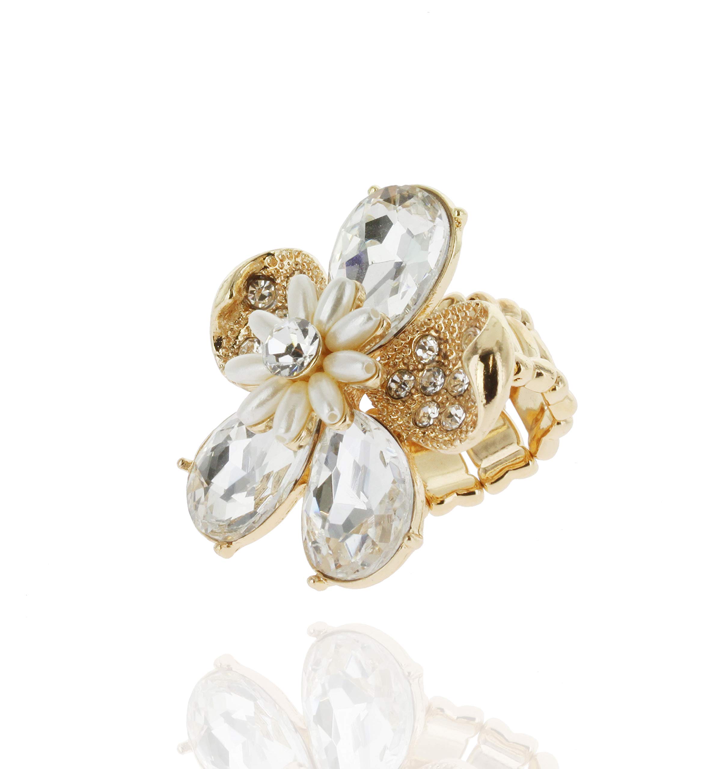 SP Sophia Collection Duchess Daisy Floral Bouquet Crystal Rhinestone Stretchable Fashion Gala Ring in Ginger Gold