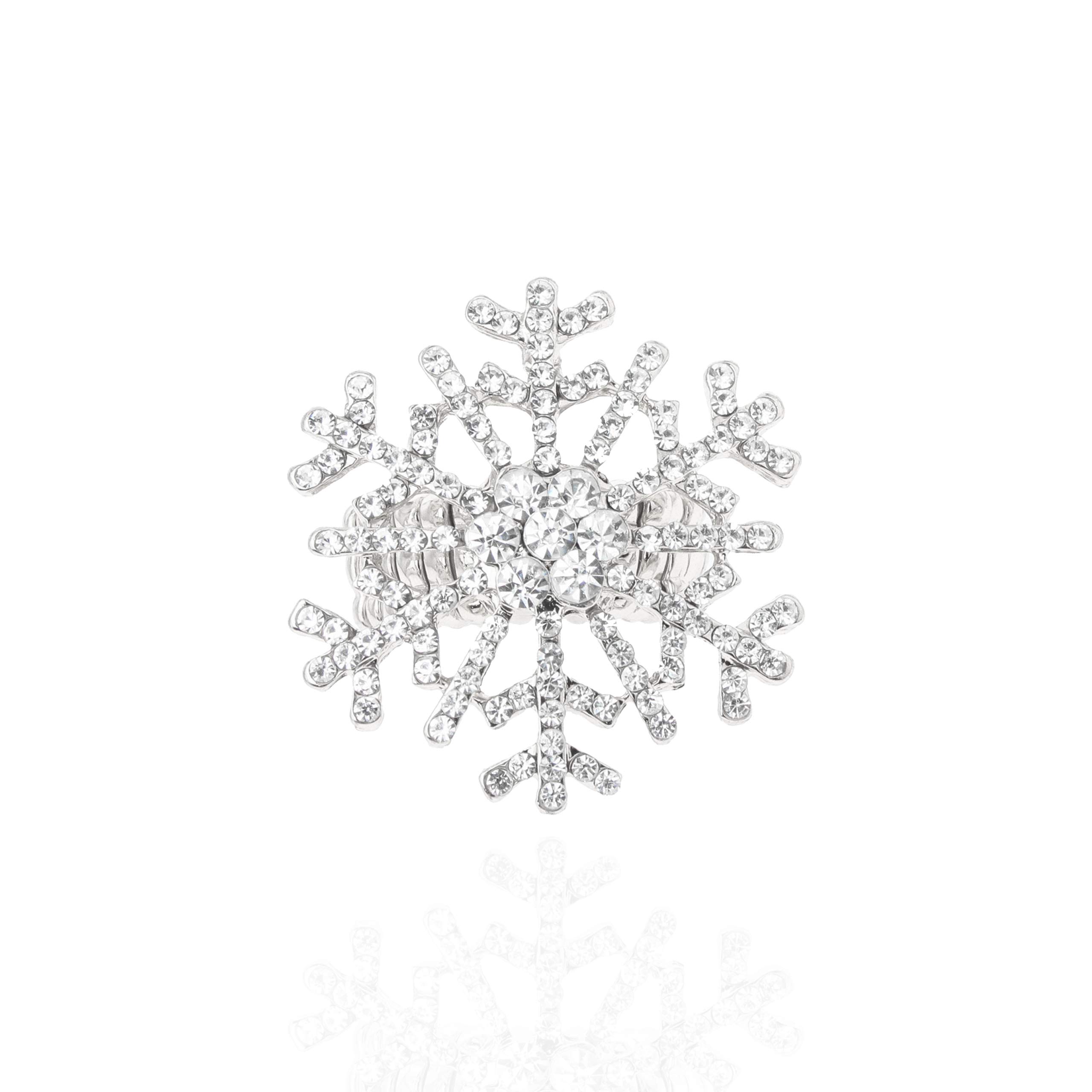 SP Sophia Collection Women's Glistening Rhinestone Winter Snowflake Stretch Ring in Silver