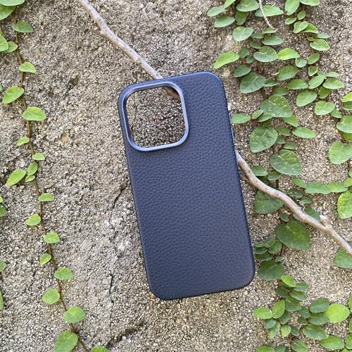 RKS Leather Case for iPhone 15 Pro Max (6.7inch), Compatible with MagSafe, Stylish Lychee Pattern Genuine Leather case with Soft Fiber Lining, Lip Screen Protection, Wireless Charging Navy