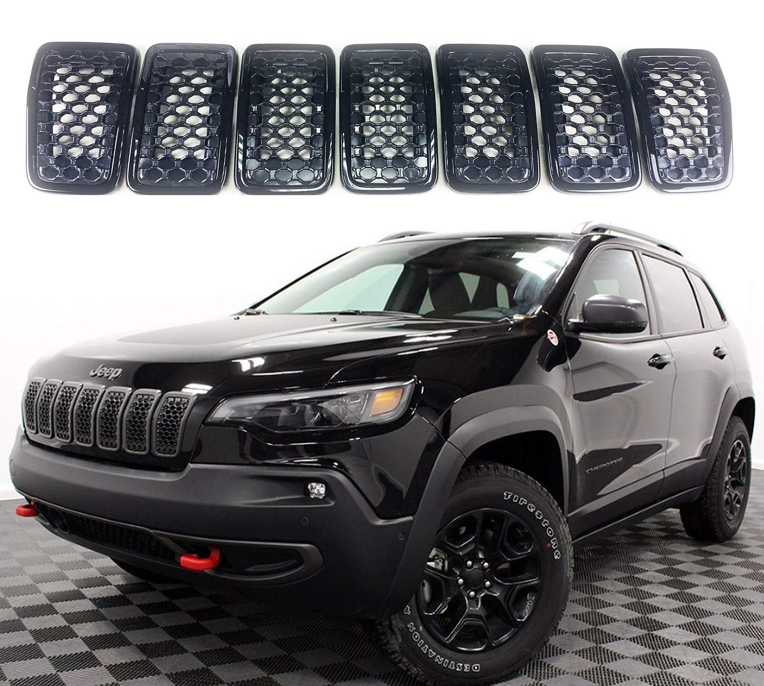 YAV Fit for 2019 2020 2021 Jeep Cherokee Black Grill Inserts Front Grille Inserts Honeycomb Mesh Cover Accessories 7PC