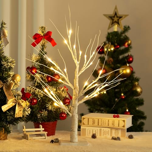 YEAHOME 2FT/24β Birch Tree Light with 24LT Warm White LEDs Battery Powered Timer for Christmas Decorations Indoor, Money Trees for Winter Wedding Desk Table Top Mantel Home Easter Decor