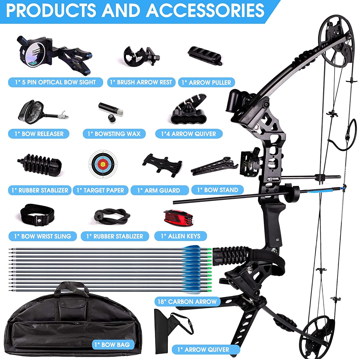 XGeek Compound Bow and Arrow kit, Hunting & Target Bow, 320 Fps Speed, with All Accessories, USA-Made Limbs, Draw Weight Adjustable 20-70 Lbs, Draw Length 17-29", for Hunter and Archery Enthusiast