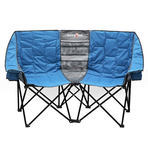 SUNNYFEEL Folding Double Camping Chair, Oversized Loveseat Chair, Heavy Duty Portable/Foldable Lawn Chair with Storage for Outside/Outdoor/Travel/Picnic, Fold Up Camp Chairs for Adults 2 People