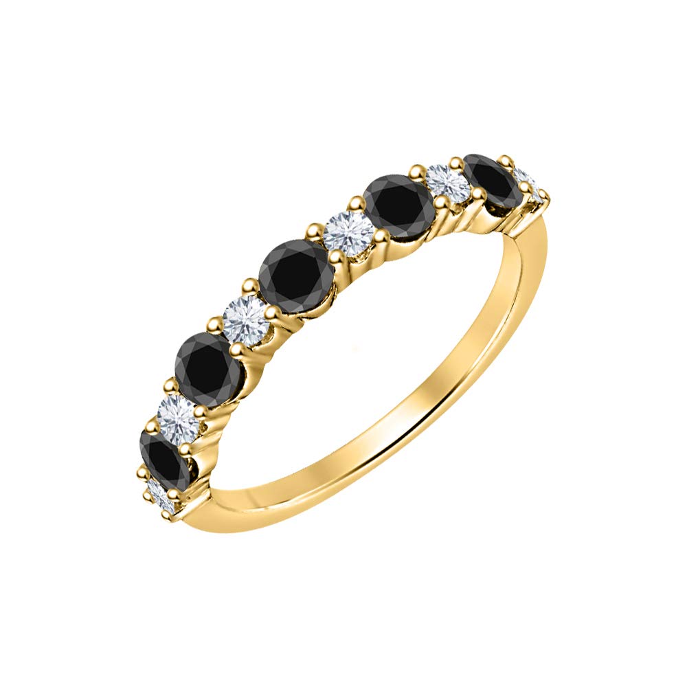 tusakha Round Cut Black & White Diamond 14k Yellow Gold Over .925 Sterling Silver Half Eternity 11-Stone Wedding Band Ring For Women