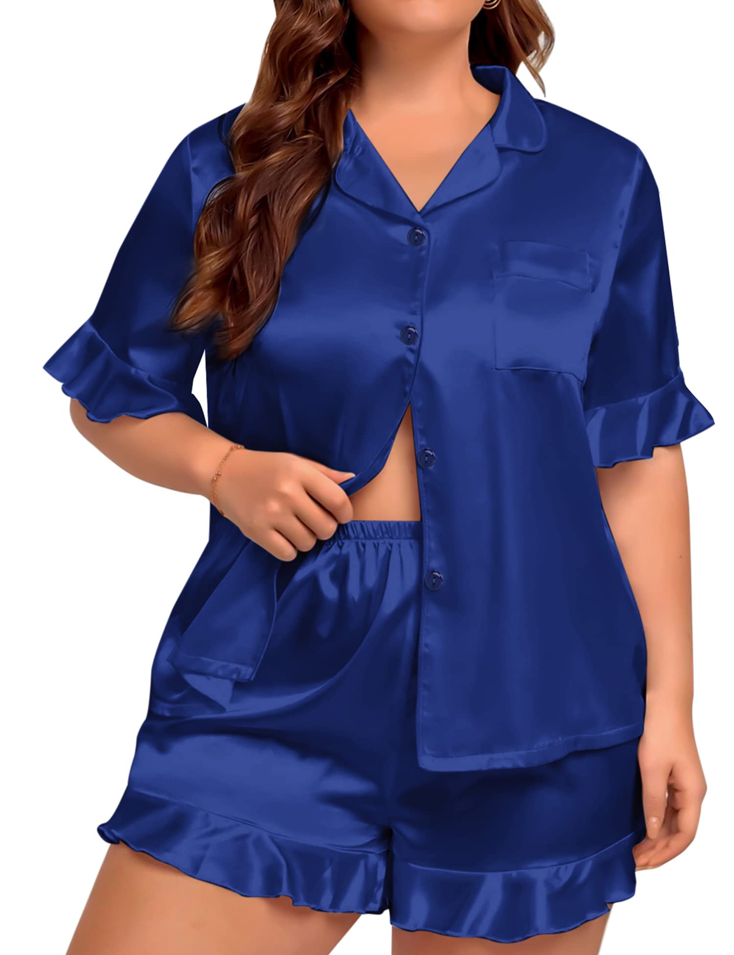 SWOMOG Womens Plus Size Pajamas Satin Silk Short Sleeve Pjs Sets Ruffle Shorts Plus 2 Piece Sleepwear Summer Pj with Pocket Navy Blue