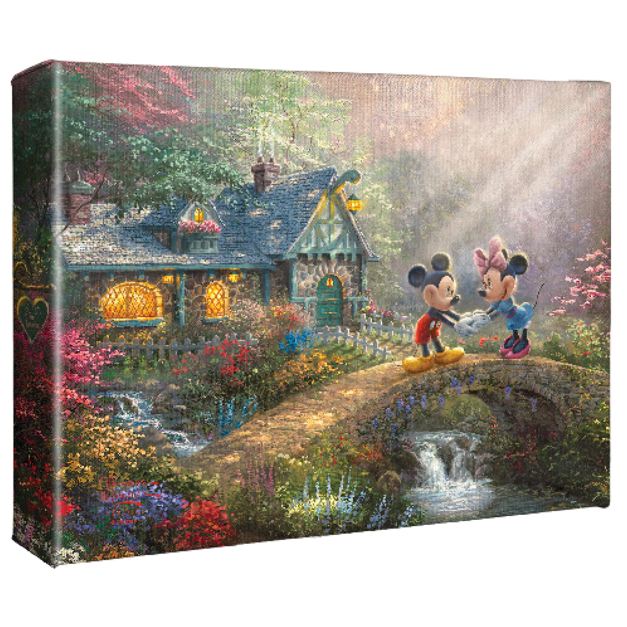 Thomas Kinkade Studios Mickey and Minnie Sweetheart Bridge 5 x 7 Brushwork (Burl Frame)
