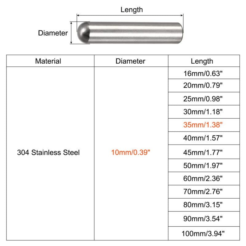Tool parts 10x35mm Dowel Pins - 2pcs Round Head Flat Chamfered End Dowel Pin