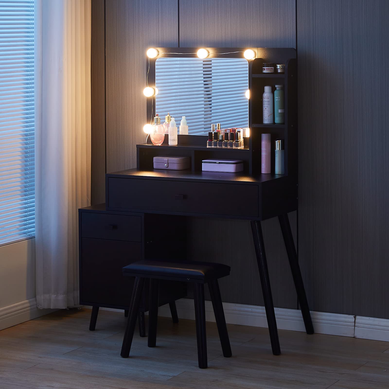 TUKAILAi Vanity Desk Set with LED Lighted Mirror & Cushioned Stool, Makeup Dresser Dressing Table with 5 Open Storage Shelves, 1 Drawer & Movable Chest, Gift for Women Girl Bedroom Studio (Black)