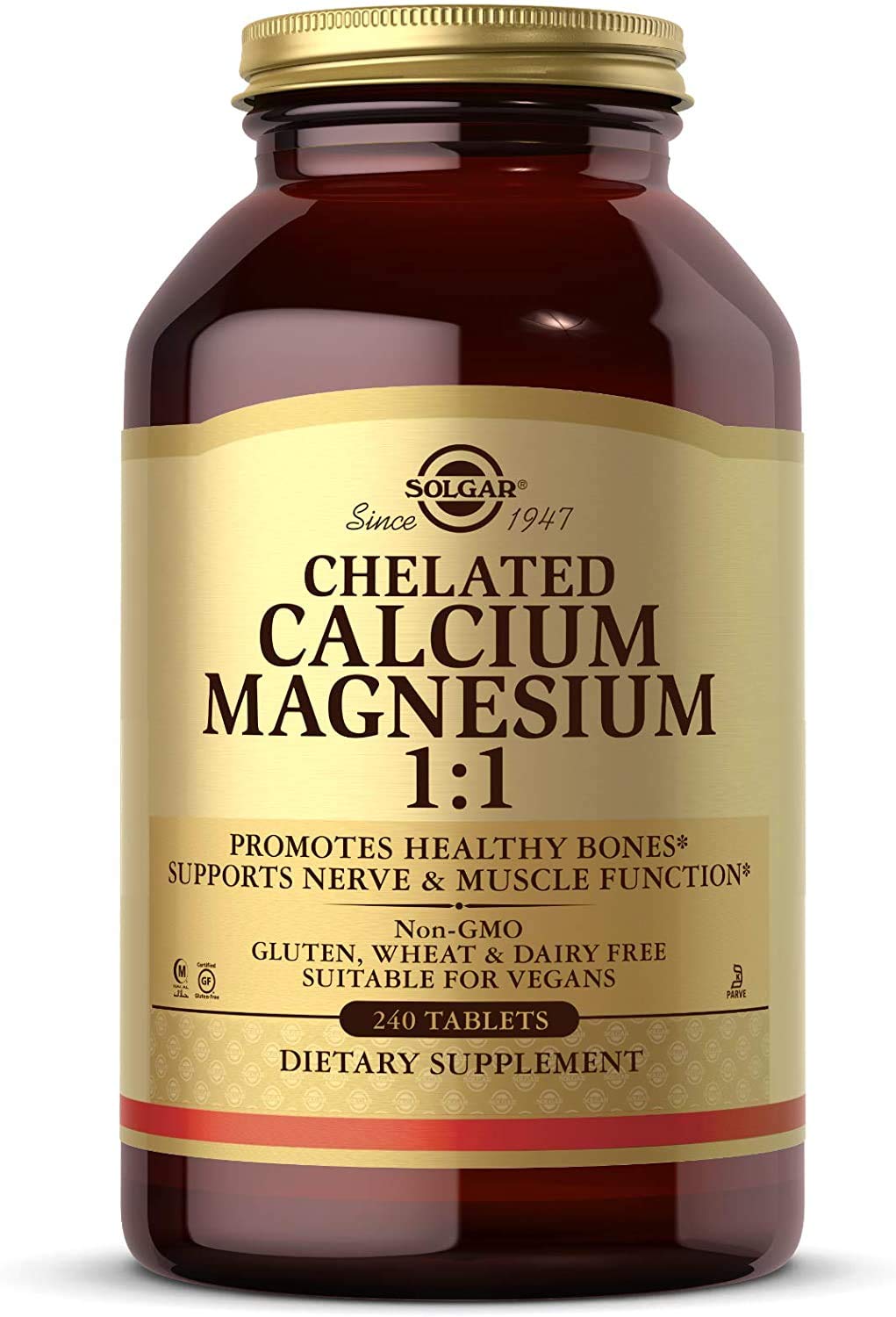 Solgar Chelated Calcium Magnesium 1:1, 240 Tablets - Promotes Healthy Bones - Supports Nerve & Muscle Function - Non-GMO, Vegan, Gluten Free, Dairy Free, Kosher, Halal - 60 Servings