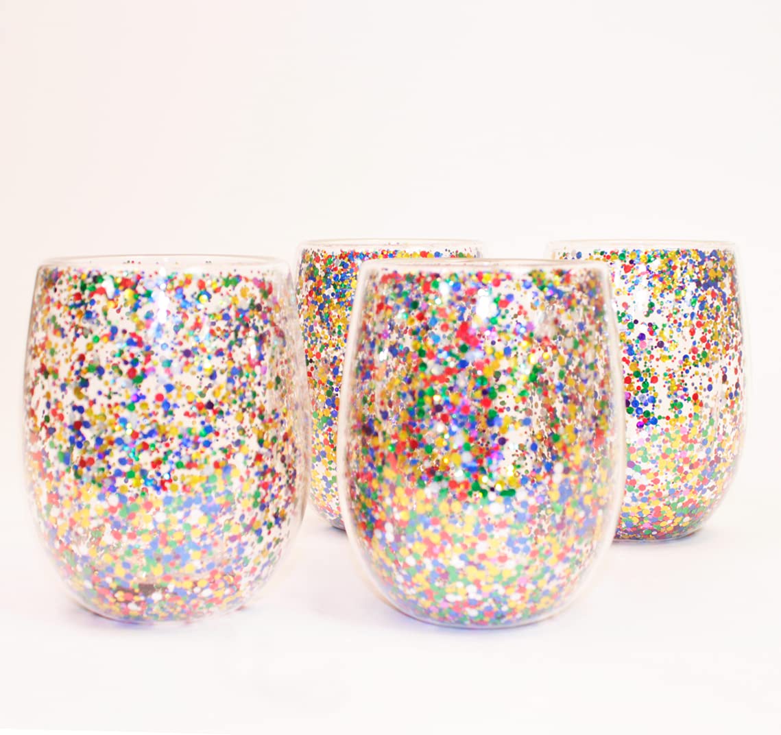 Wild Eye Designs Double Wall Insulated Wine Borosilicate Glass, Rainbow Confetti Set of 4pcs Small 13 fl oz