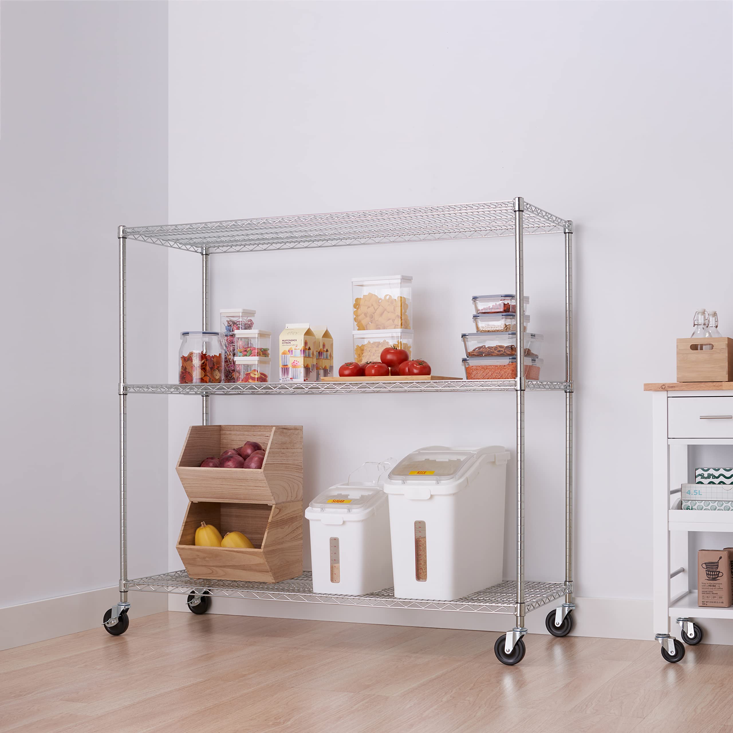 TRINITY Basics 3-Tier Adjustable Wire Shelving with Wheels for Kitchen Organization, Garage Storage, Laundry Room, NSF Certified, 600 to 1350 Pound Capacity, 60” by 24” by 54”, EcoStorage Chrome