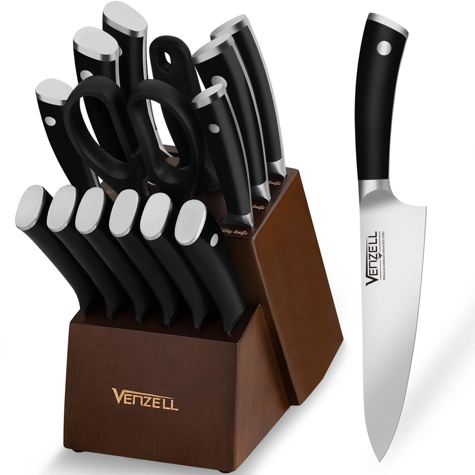 VENZELL 15 pcs Knife Set with Block, Premium Quality High Carbon Stainless Steel Kitchen Knife Set